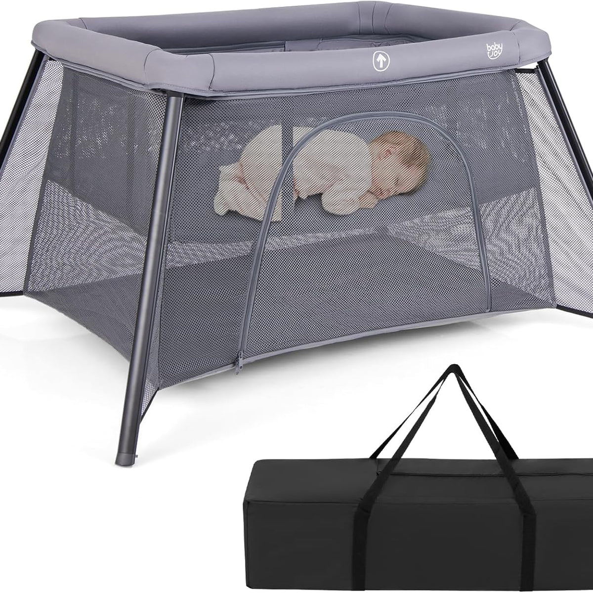 BABY JOY Foldable Portacot, 2-in-1 Baby Travel Cot with Safety Enclosu ...