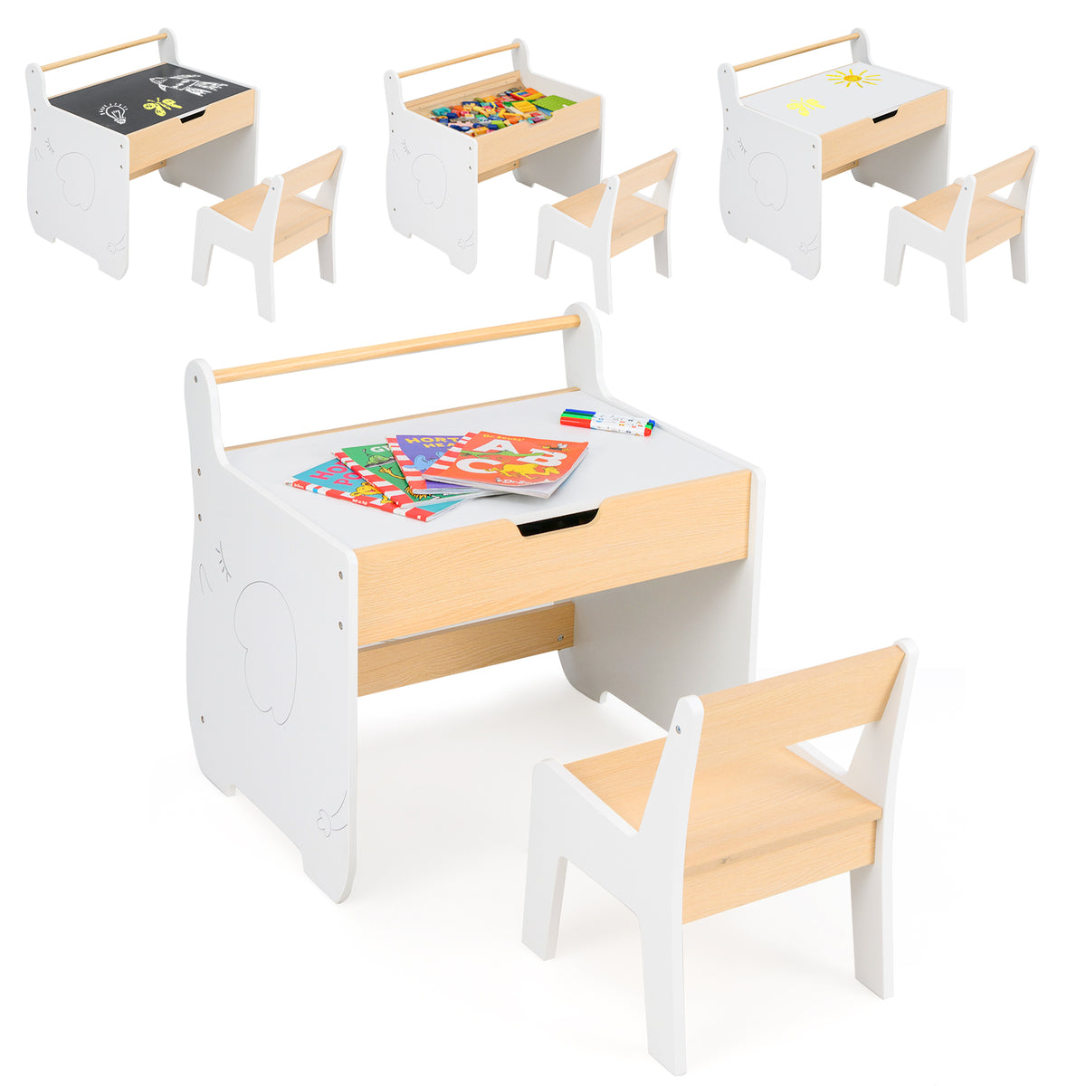 3 In 1 Kids Wood Table and Chair Set, Toddler Craft and Play Activity ...
