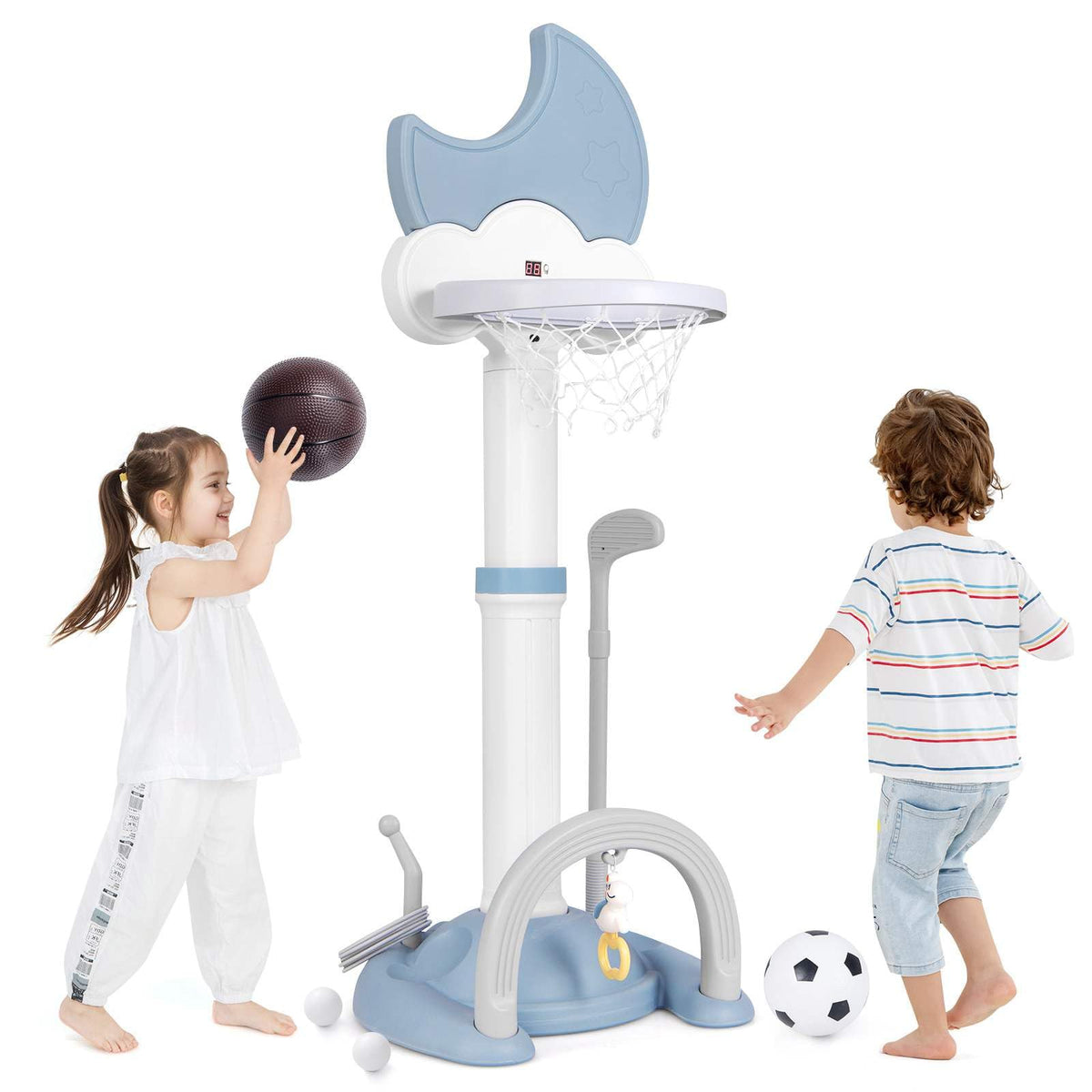 Multi-in-1 Kids Basketball Hoop Adjustable Sports Center Foot Ball Gol ...