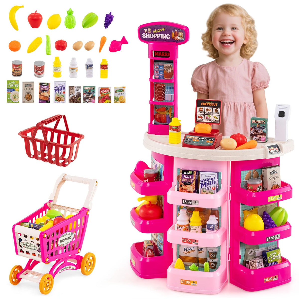 76PCS Supermarket Playset, Kids Pretend Play Grocery Store Set with Sh ...