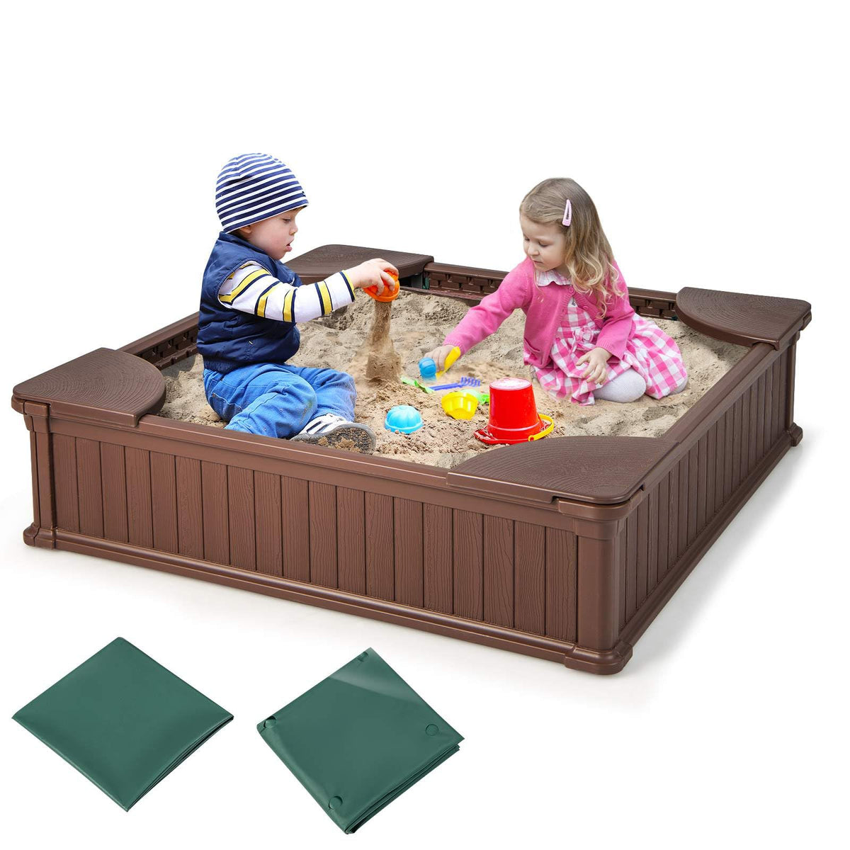 Kids Outdoor Sandbox Large HDPE Sandpit Play Toy Gift w/Cover & 4 Corn ...