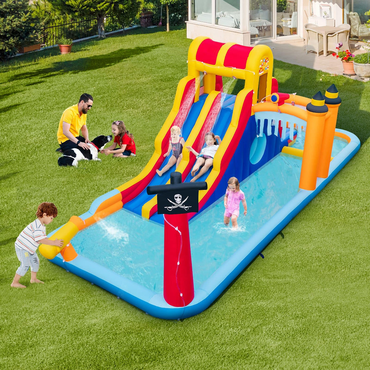 HONEY JOY Inflatable Water Slide, 6-in-1 Water Park w/Dual Slides, Cli ...