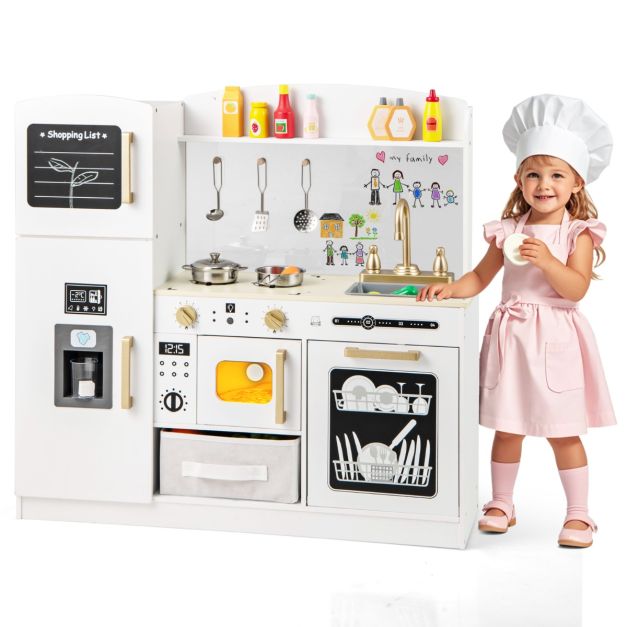 Kids Pretend Play Kitchen Set with Fabric Drawer and Doodle Boards ...